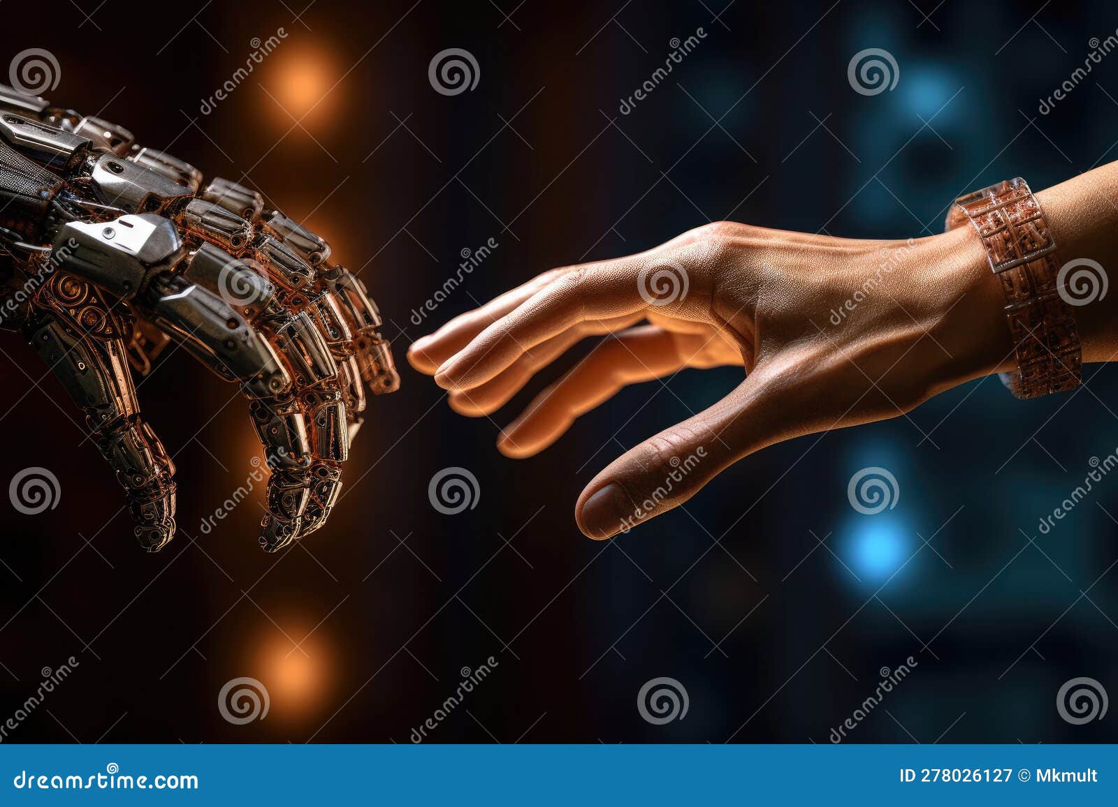 Robot Hand Reaching Up To a Light Brown Human Hand Generative AI Stock ...