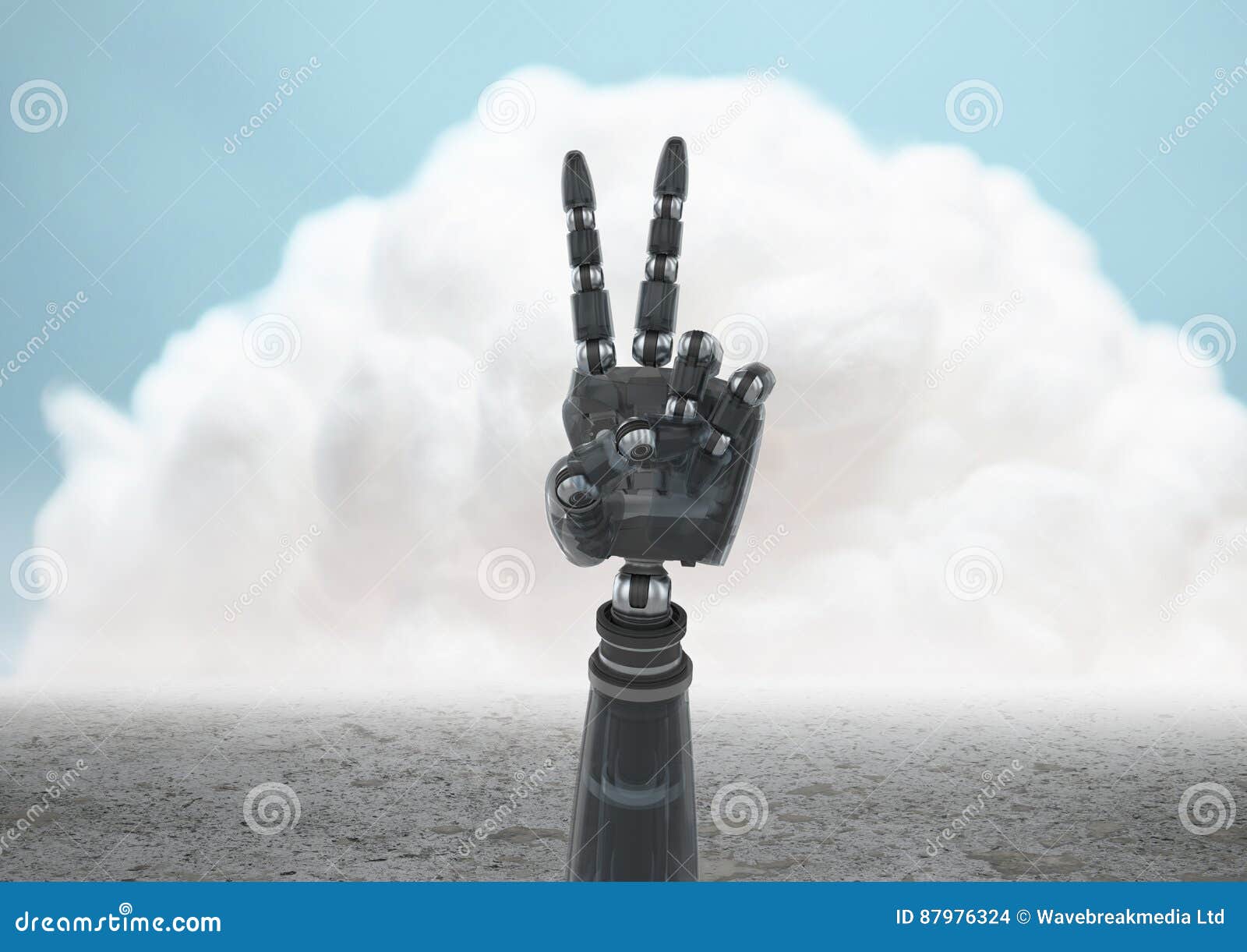 Robot Hand Showing Peace Sign Against Cloudy Sky in Background Stock ...