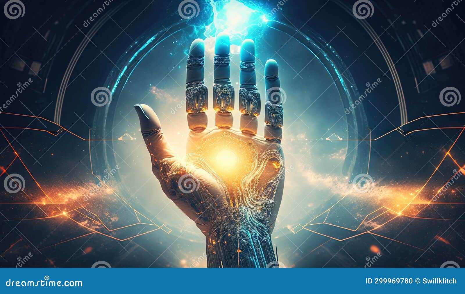 Robot Hand Technology Concept with Shiny Electronic Connections ...
