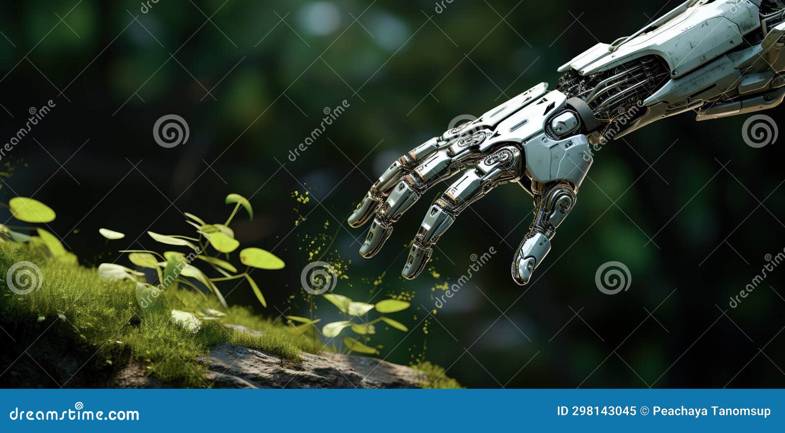 Robot Hand Touches Green Nature Background. Generative Ai. Stock ...