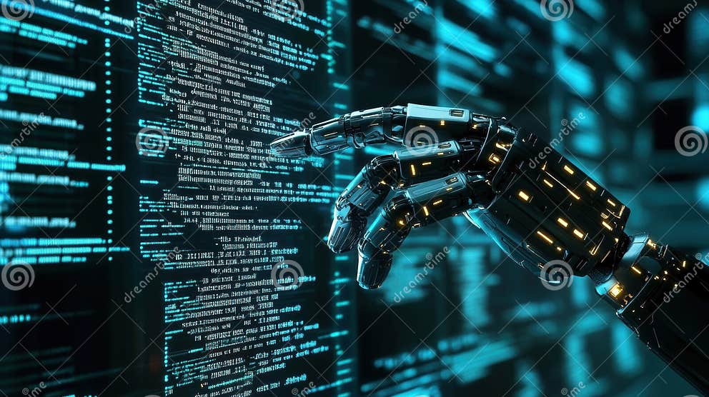 A Robot Hand Touching a Computer Screen with a Blue Background Stock ...