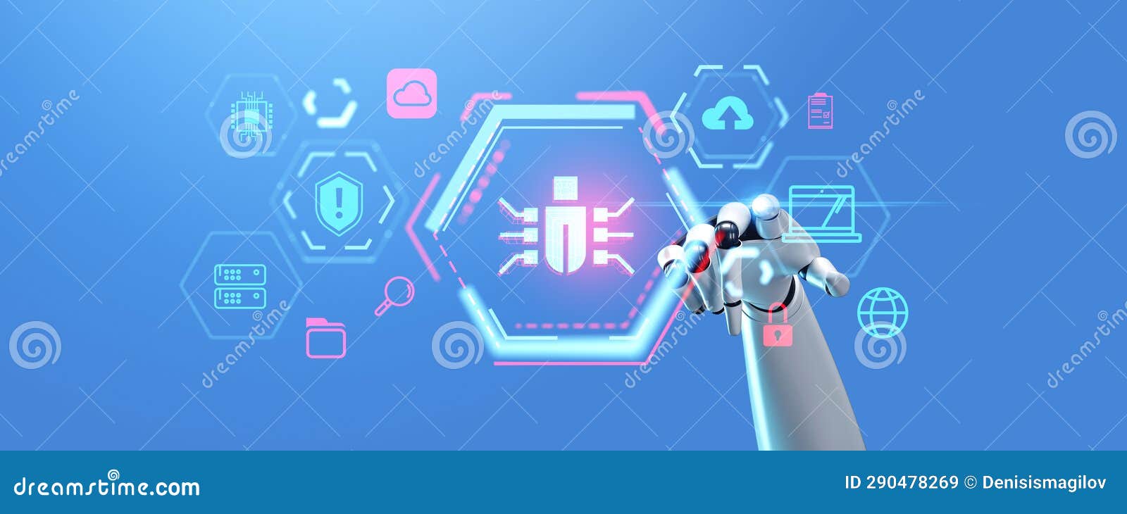 Robot Hand Touching Cybersecurity Icons with Bug Virus in System, Web ...
