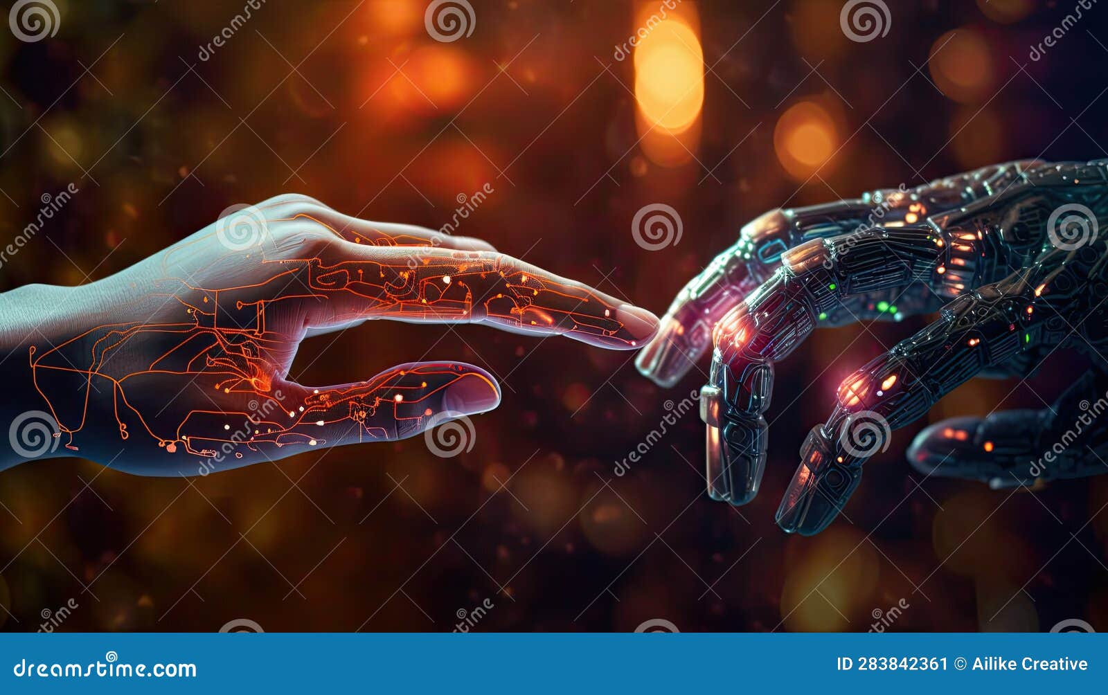 Robot Hand Touching Human Hand on Abstract Dark Background 3D Rendering ...