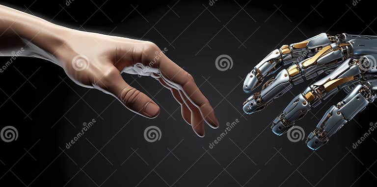 Robot Hand Touching Human Hand on Dark Background, Generative AI ...