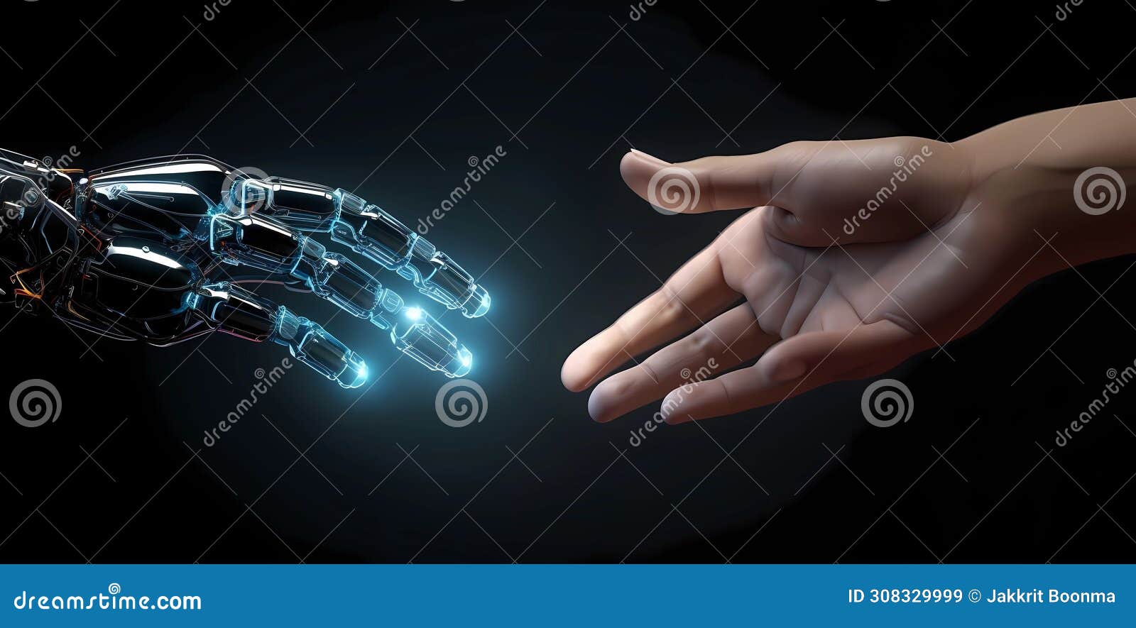 Robot Hand Touching Human Hand on Dark Background 3D Rendering ...
