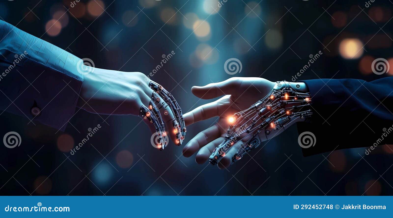 Robot Hand Touching Human Hand on Dark Blurred Background, Abstract and ...