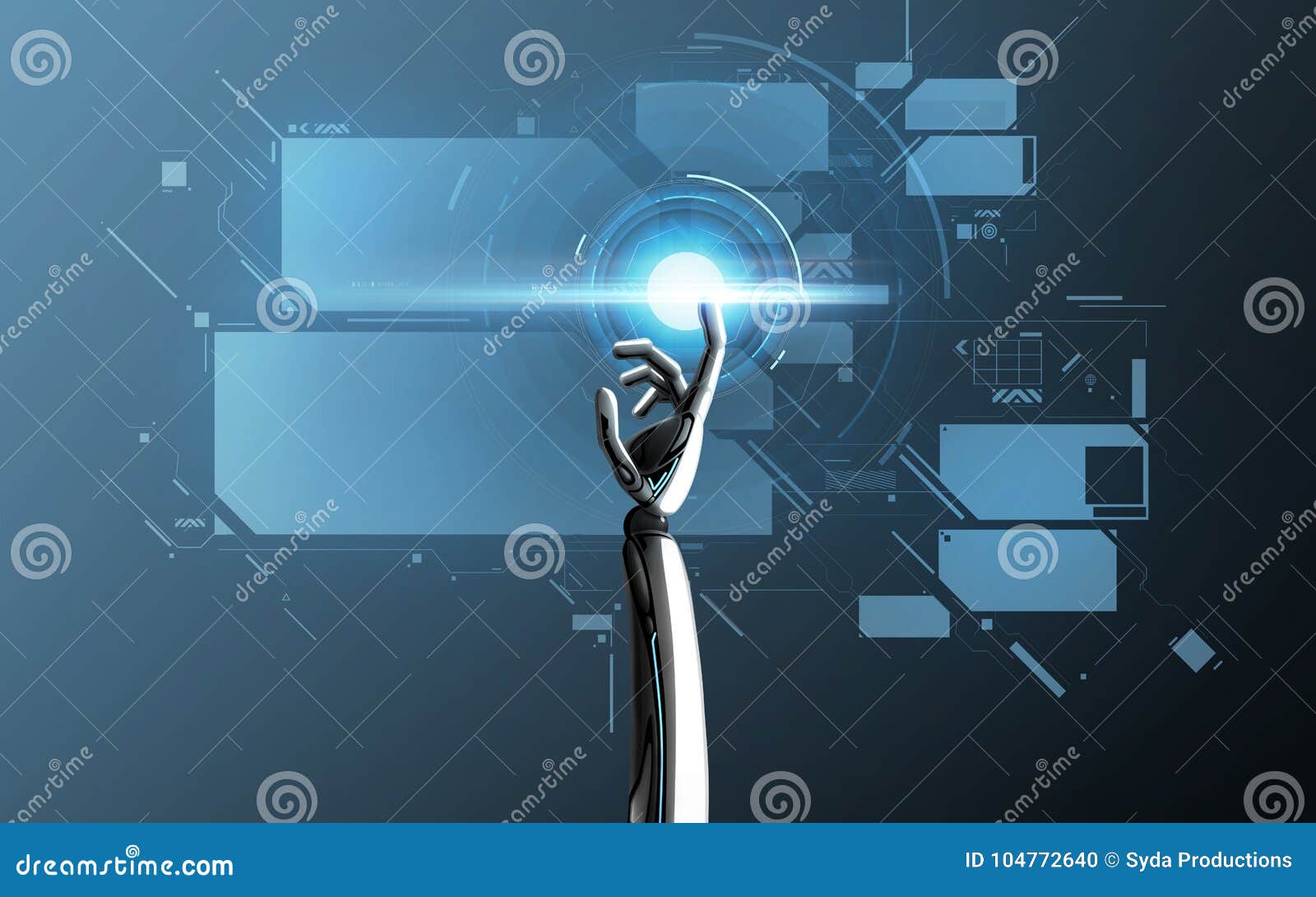 Robot Hand Touching Virtual Screen Over Blue Stock Illustration ...