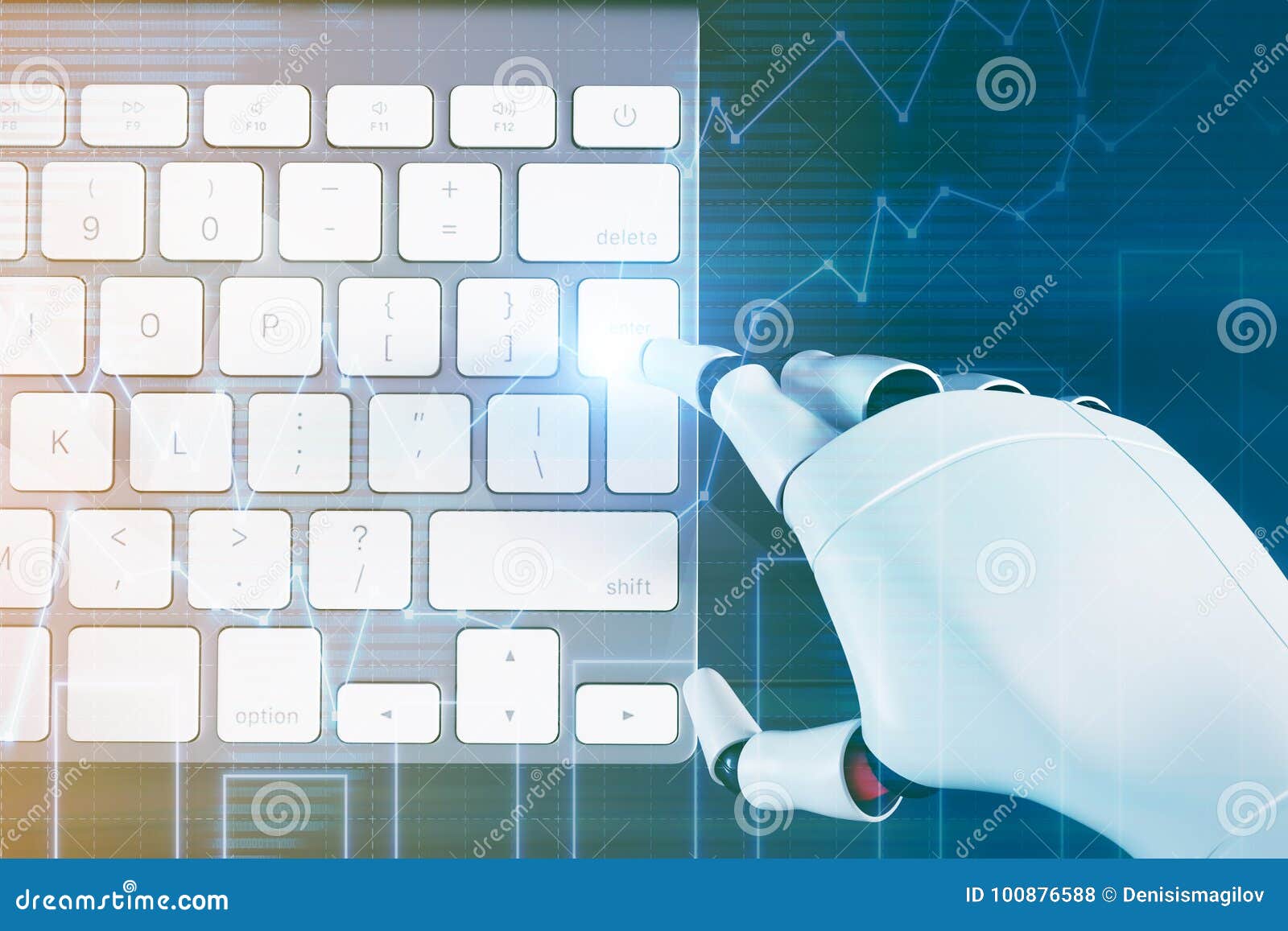 Robot Hand Typing on a Computer Keyboard, Graphs Stock Illustration ...