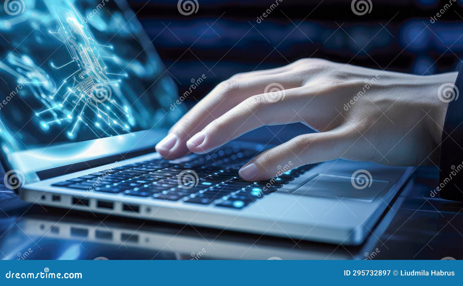 Robot Hand Typing on Laptop Keyboard on Dark Blue Background Stock ...
