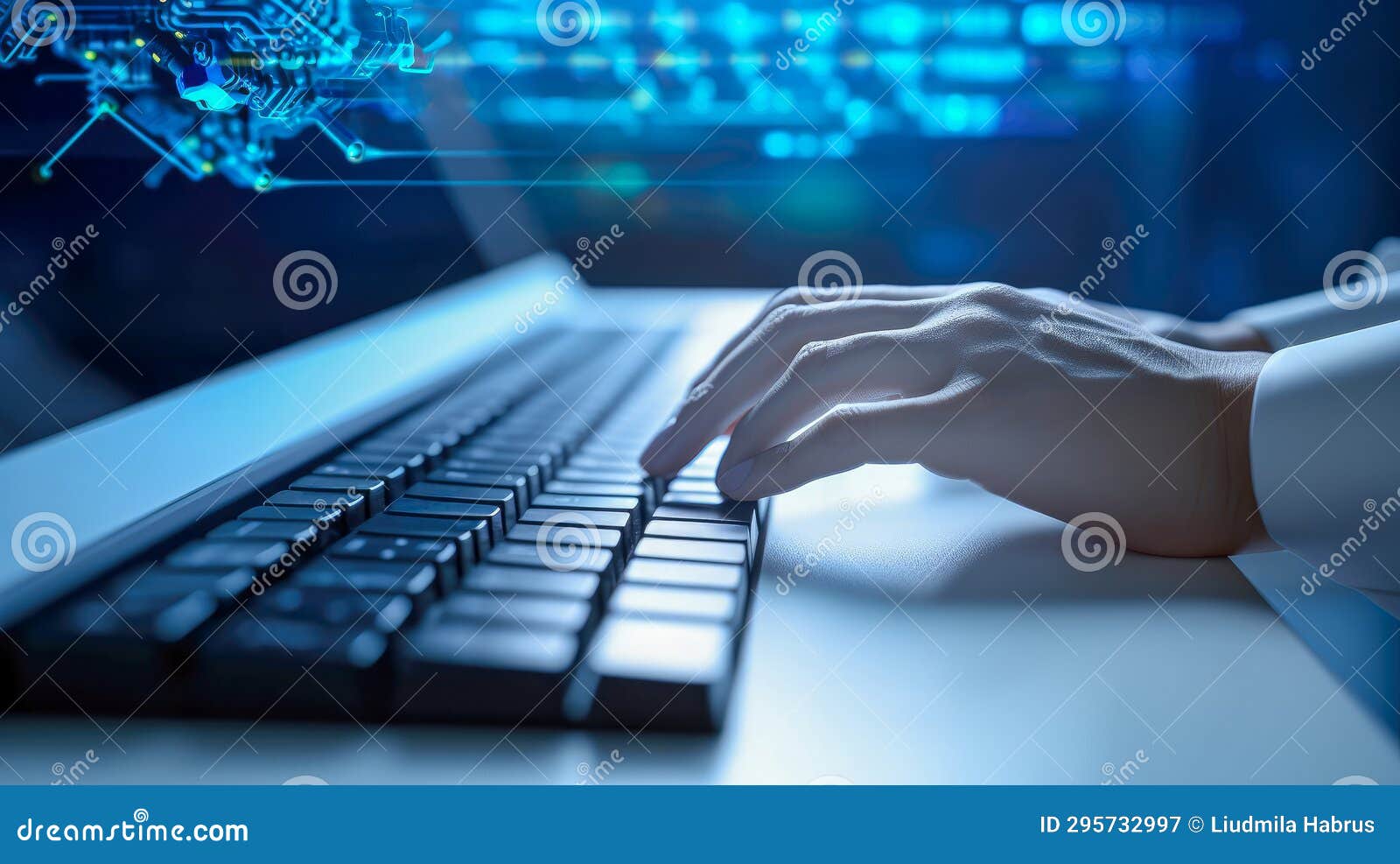 Robot Hand Typing on Laptop Keyboard on Dark Blue Background Stock ...