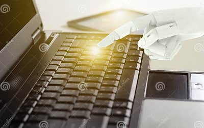 Robot Hand Use Laptop Computer, Artificial Intelligence Technology ...