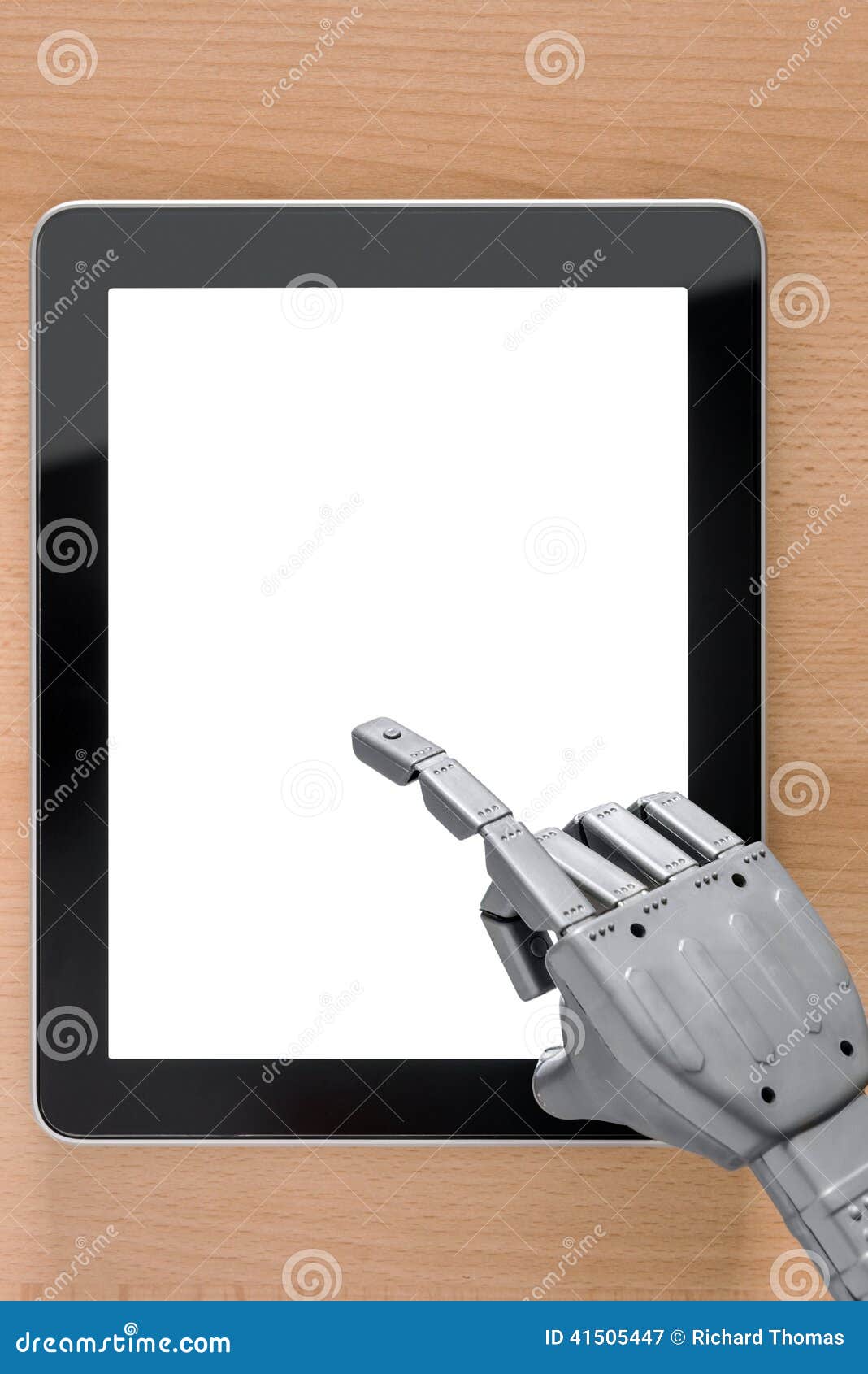 Robot Hand Using Touchscreen Tablet Blank Screen. Stock Image - Image ...