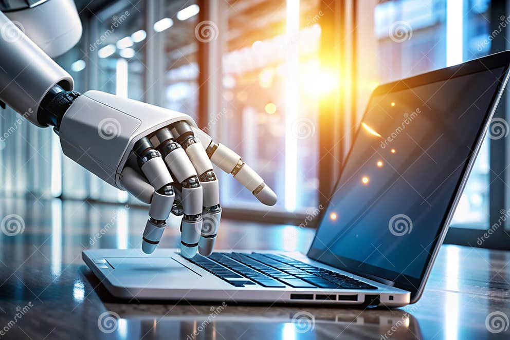 Robot Hand Working on Laptop To Checking Correct Data by Using Stock ...