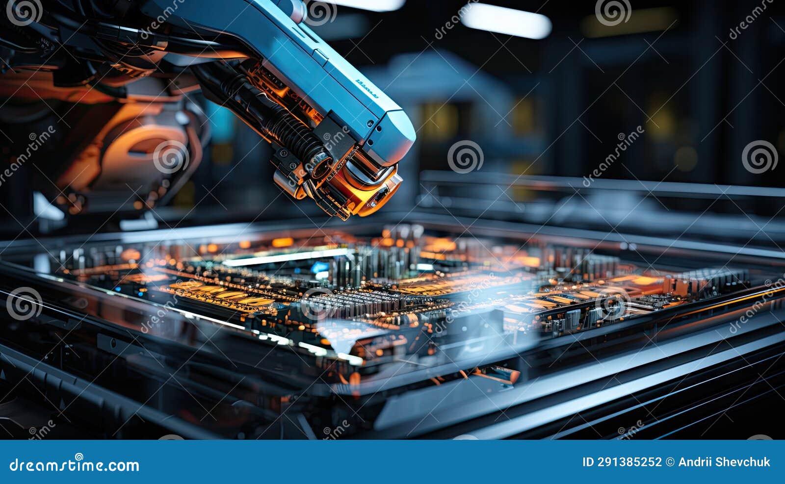 Robot Hand Working on Microcircuit Board Close Up. Automation ...