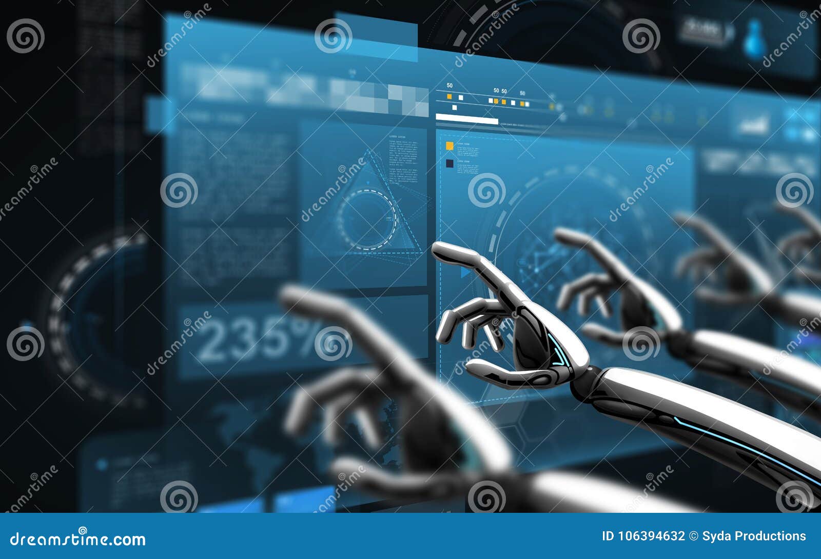 Robot Hands Touching Virtual Screens Over Black Stock Illustration ...