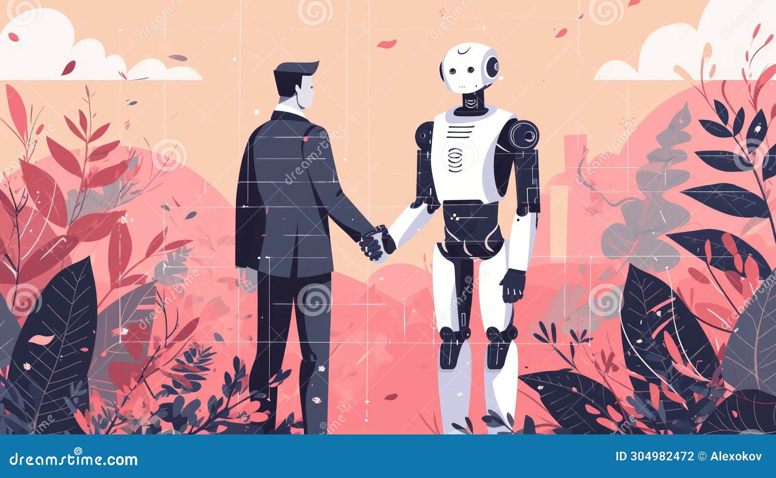 Robot Handshaking with Human Robot. Illustration in Flat Style ...