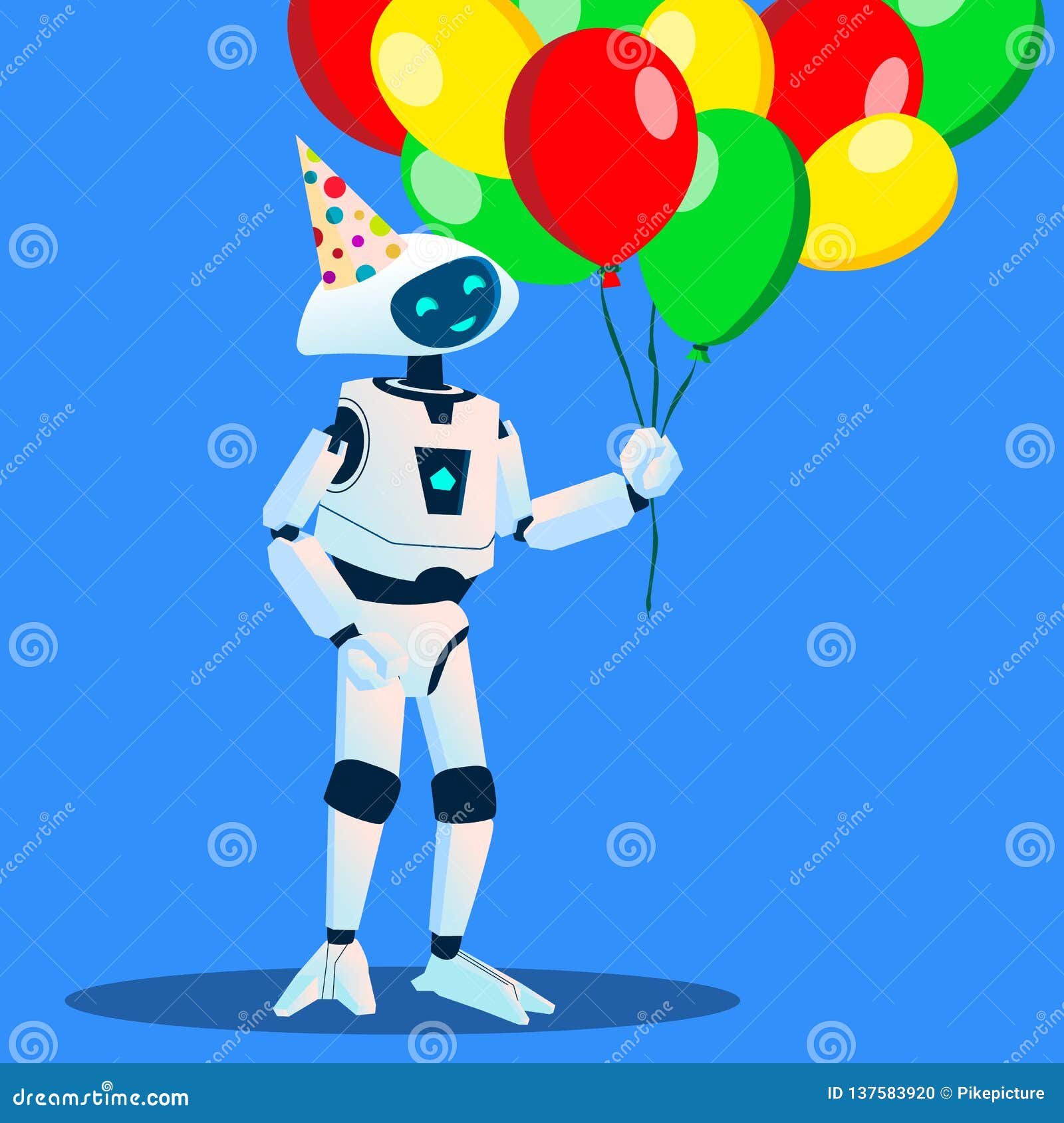 Robot Have Fun with Balloons in Hand and Festive Cap on Head Vector ...