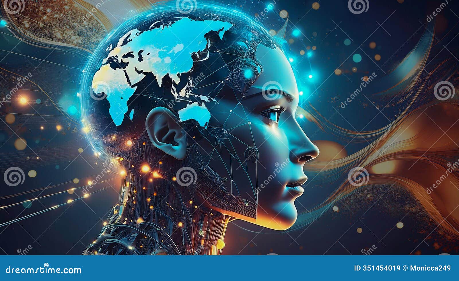 Robot Head with Hologram of the Globe of the World, Technological, Digital Concept, Artificial ...
