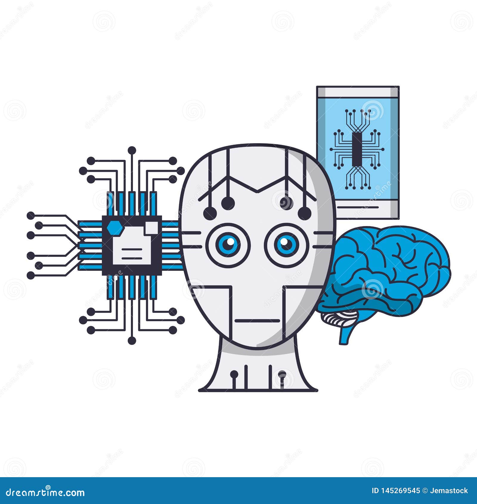 Robot Head with Smartphone and Brain Stock Vector - Illustration of ...