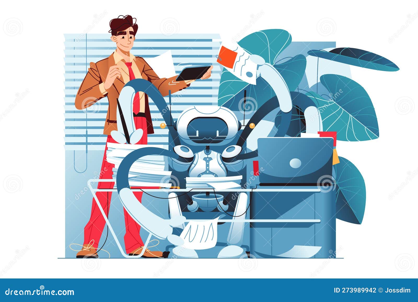 Robot Helps Human To Do Work, Vector Illustration. Stock Vector ...