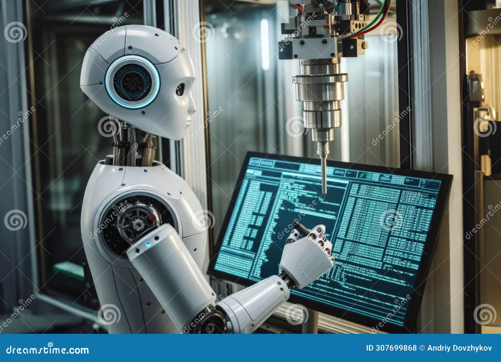 The Robot Helps a Person Operate a CNC Metalworking Machine in the ...