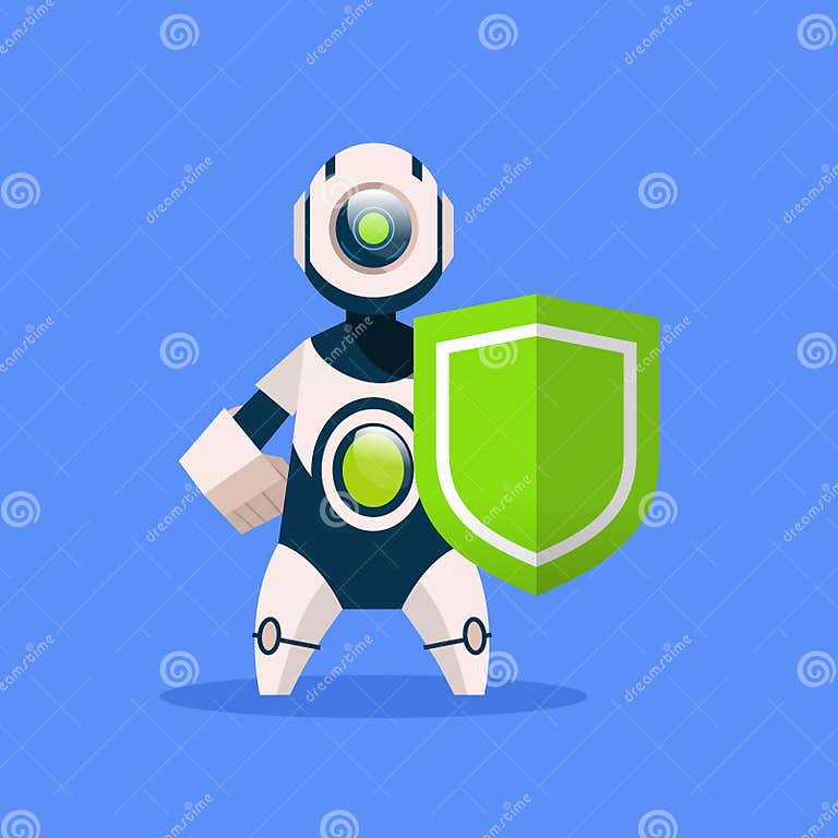 Robot Hold Shield Isolated on Blue Background Concept Modern Artificial ...