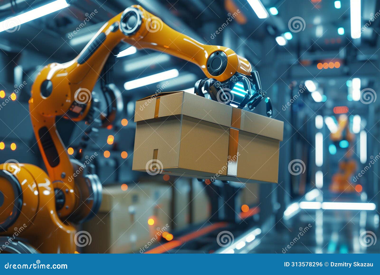 Robot Holding Box in Factory Stock Photo - Image of machinery, moving ...