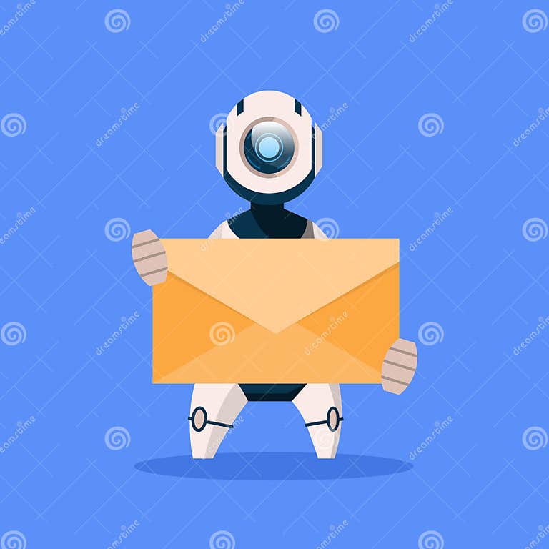Robot Holding Envelope Isolated on Blue Background Concept Modern ...