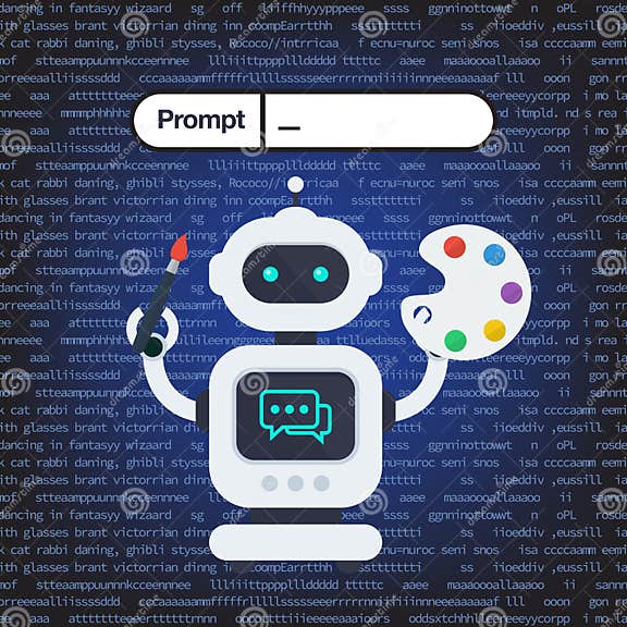 Robot is Holding Paintbrush and Palette with Prompt Code in Background Stock Vector ...