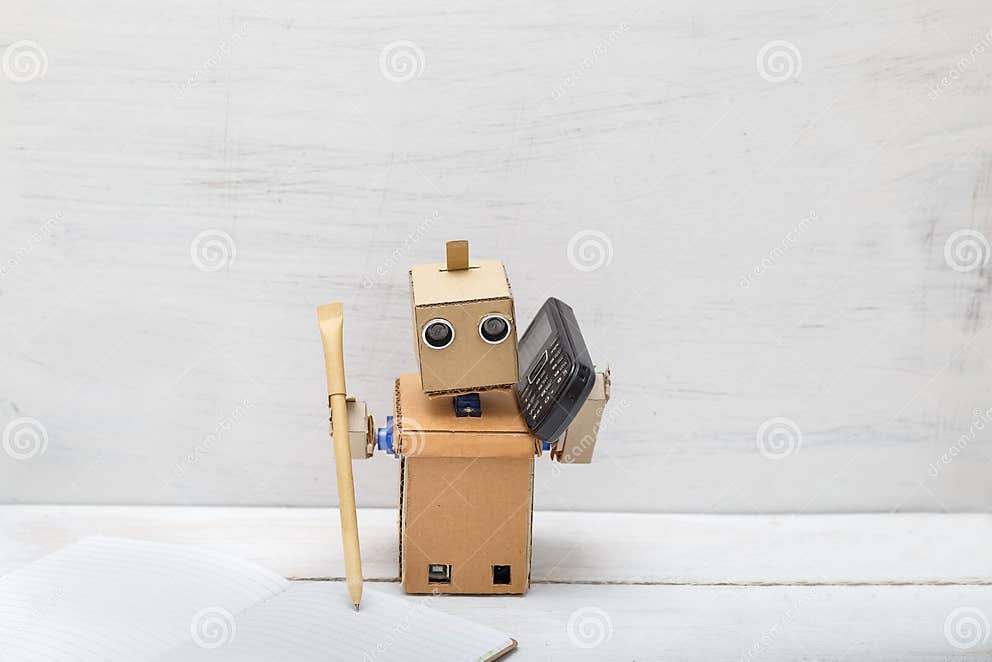 Robot Holding a Pen Writing in Diaries and Talking on the Phone. Stock ...