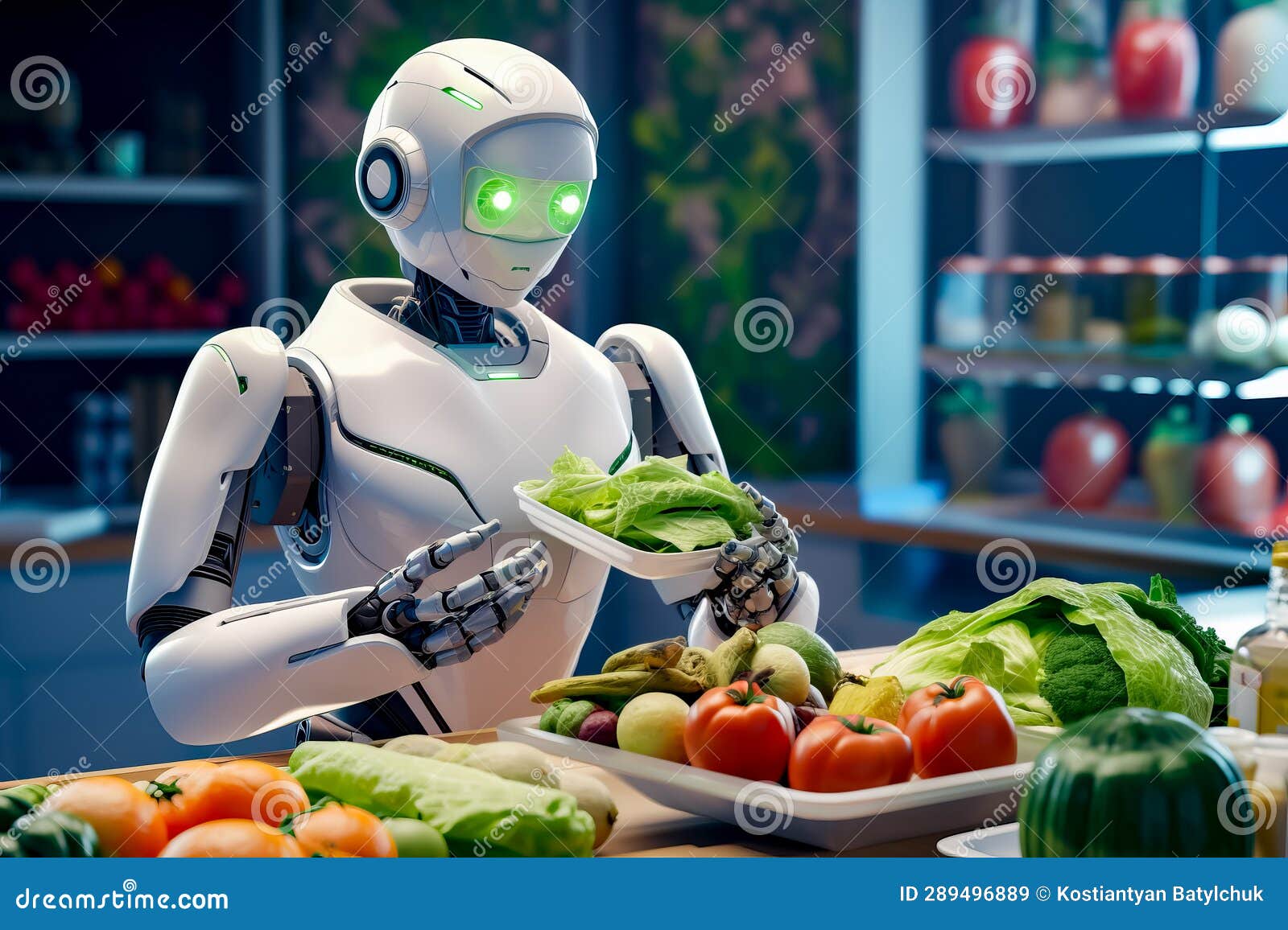 Robot Holding Plate of Vegetables in Front of Plate of Lettuce ...