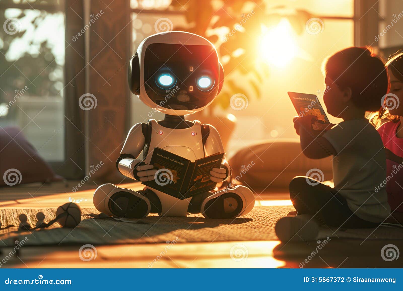 The Robot is Holding and Reading a Storybook Surrounded by Captivated ...