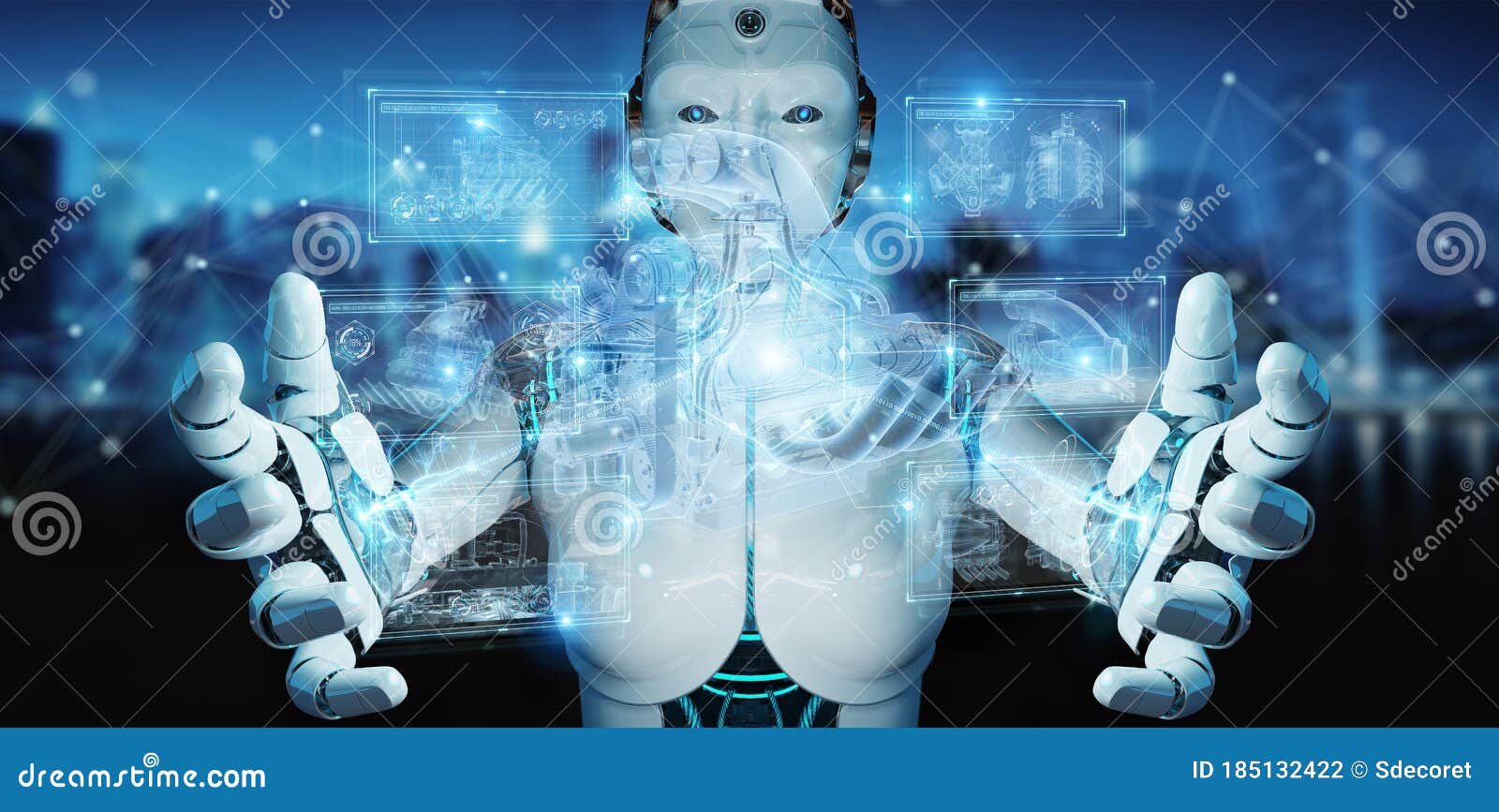 Robot Holding and Touching Wireframe Holographic Digital Projection of ...