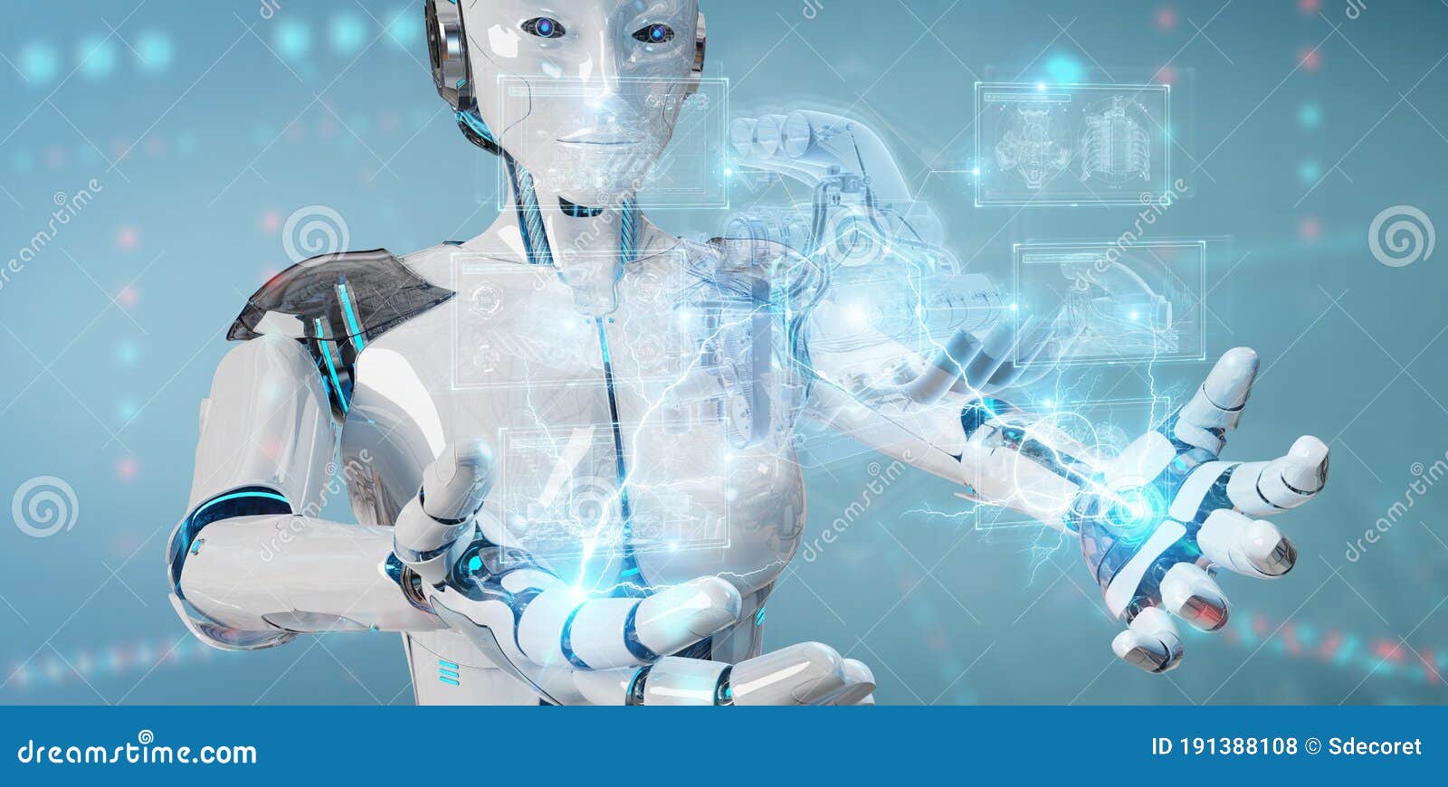 Robot Holding and Touching Wireframe Holographic Digital Projection of ...