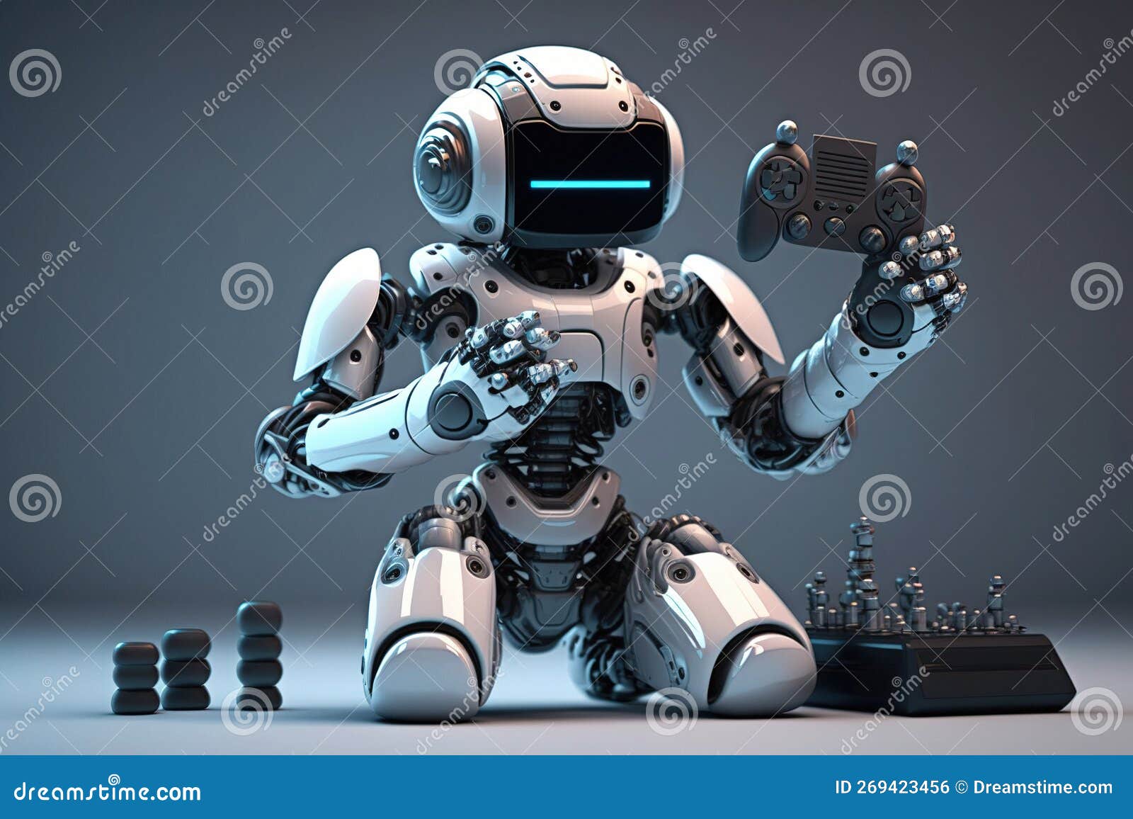 The Robot Holds a Game Joystick in Its Hands while Sitting on the Floor ...
