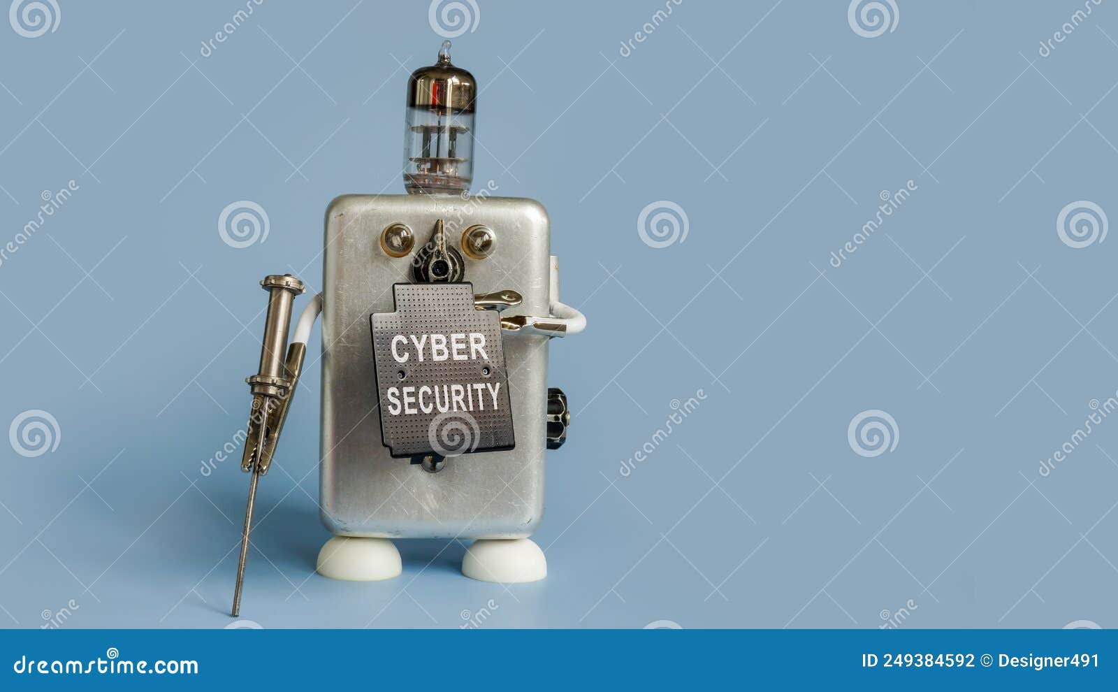 The Robot Holds a Shield with the Inscription Cybersecurity. Stock ...