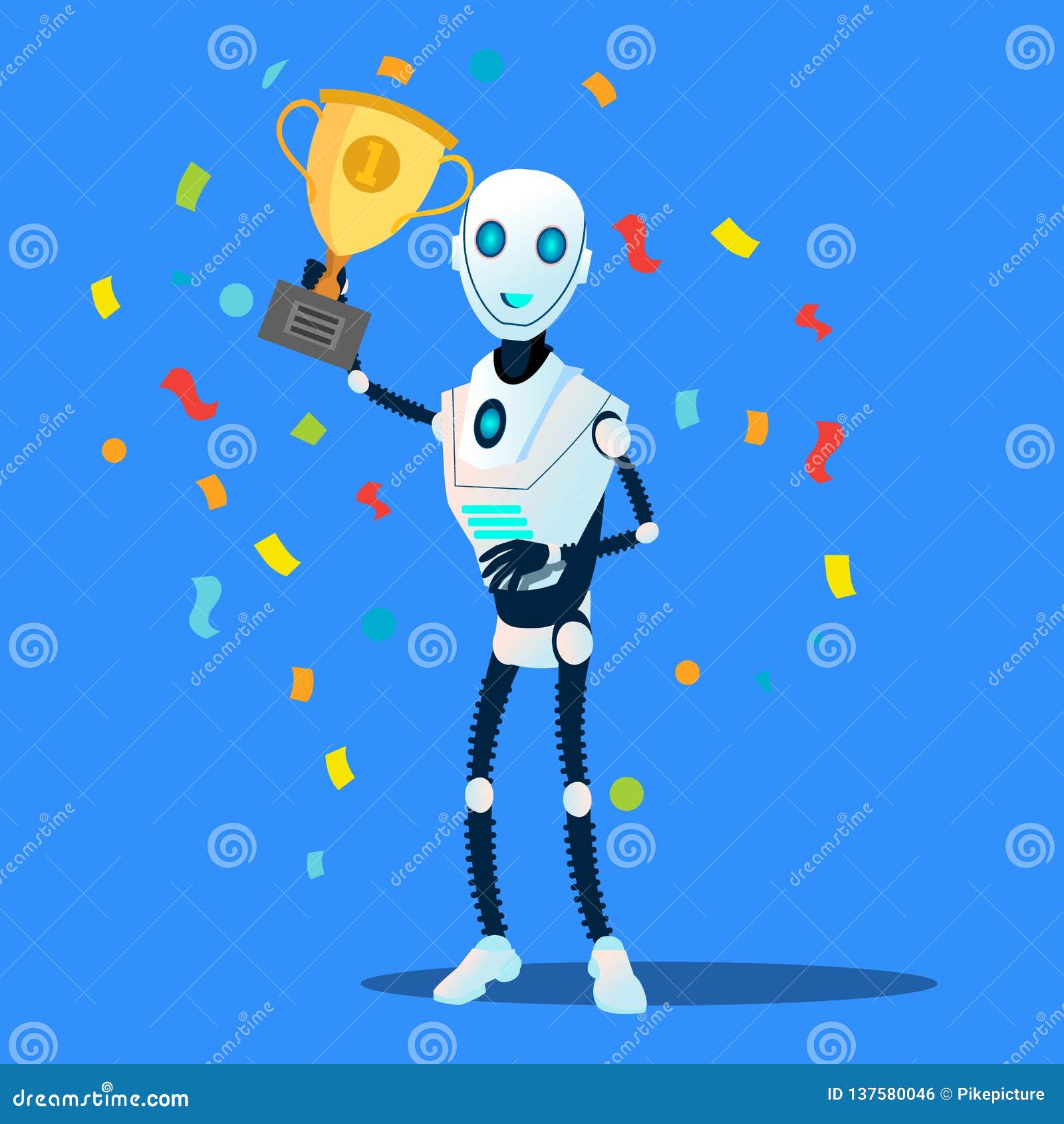 Robot Winner Getting First Place And Trophy On Pedestal Arab ...