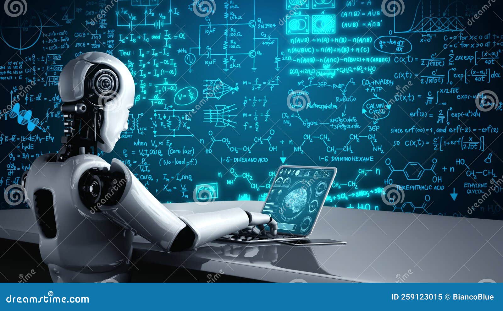 Robot Hominoid Use Laptop and Sit at Table for Engineering Science ...