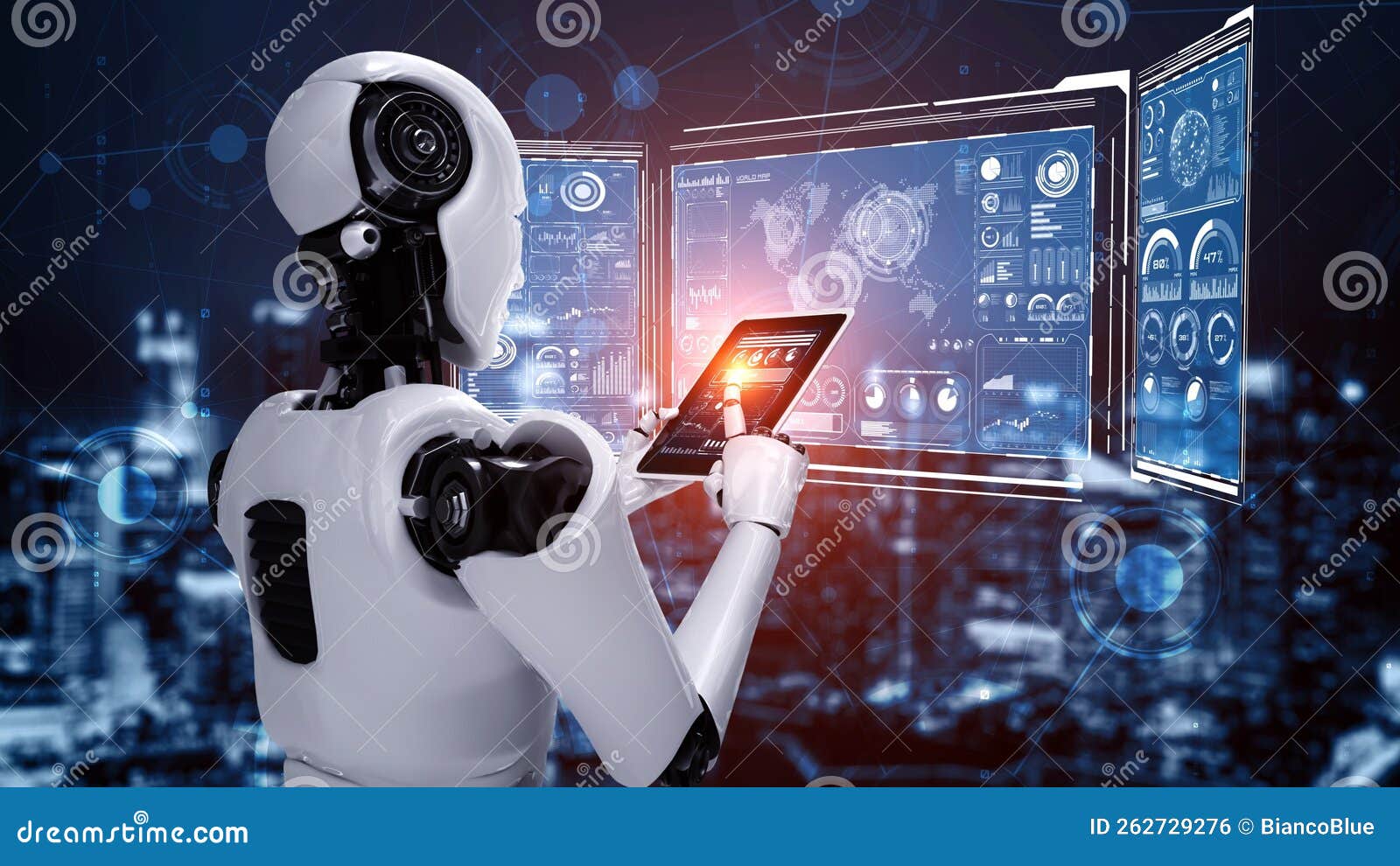 Robot Hominoid Using Tablet Computer for Big Data Analytic Stock Illustration - Illustration of ...
