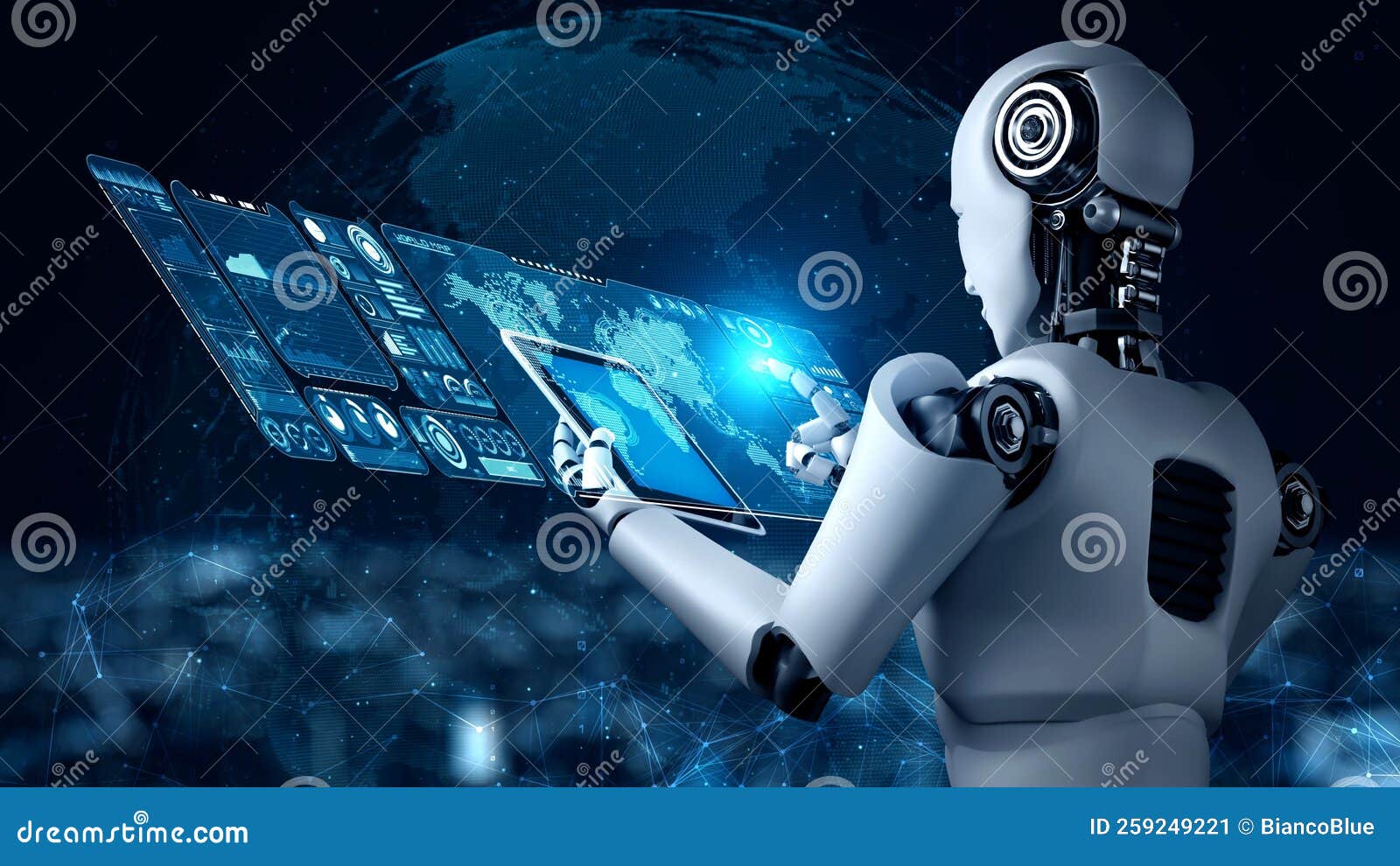 Robot Hominoid Using Tablet Computer for Big Data Analytic Stock Illustration - Illustration of ...