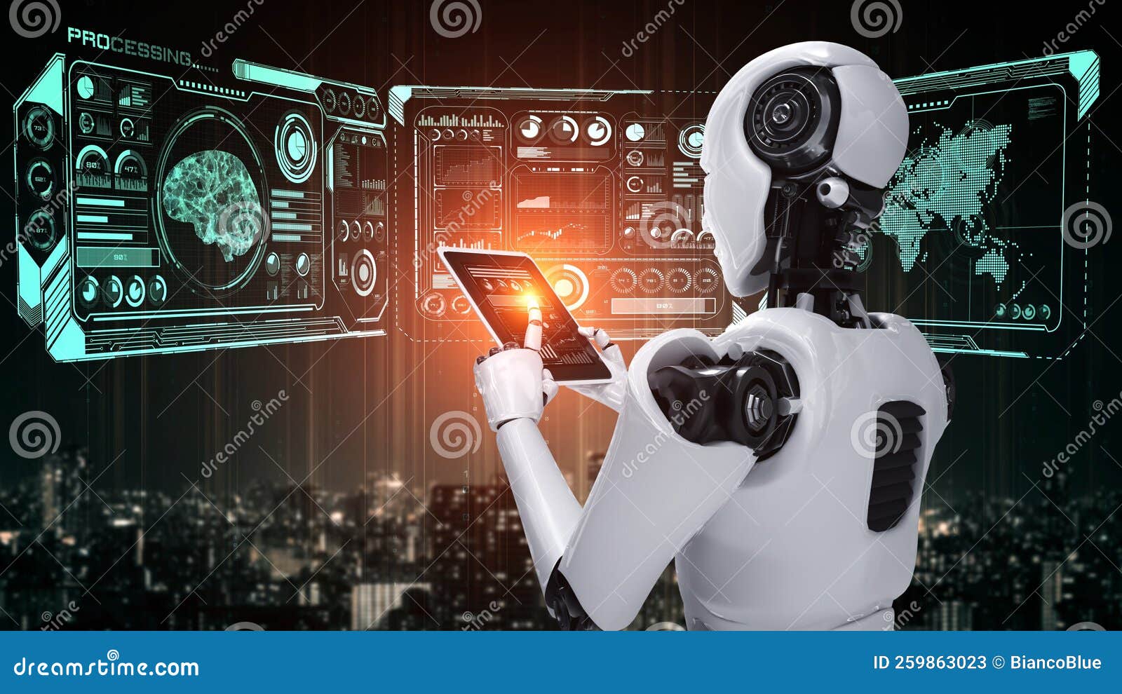 Robot Hominoid Using Tablet Computer in Concept of AI Thinking Brain Stock Illustration ...