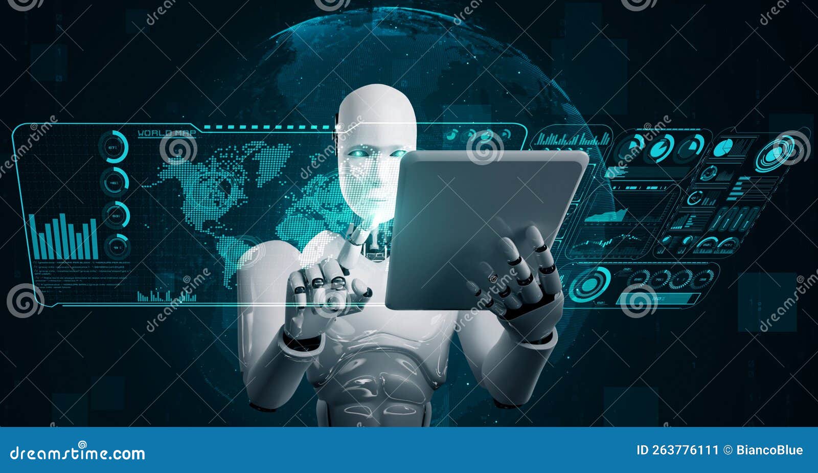 Robot Hominoid Using Tablet Computer for Global Network Connection Stock Illustration ...