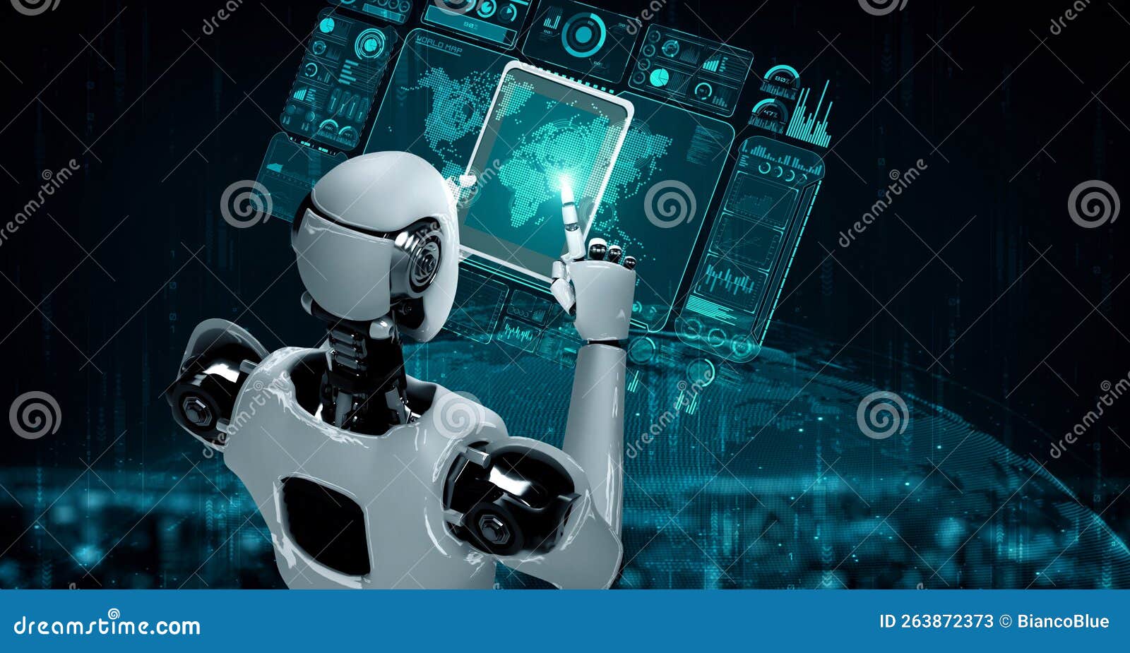 Robot Hominoid Using Tablet Computer for Global Network Connection Stock Illustration ...