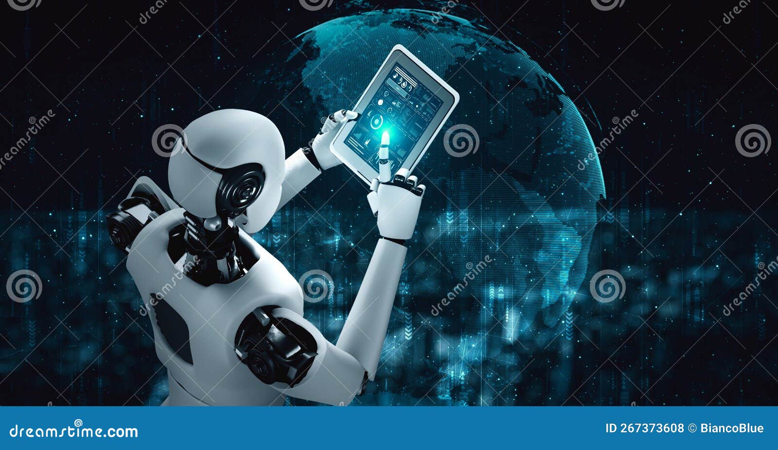 Robot Hominoid Using Tablet Computer for Global Network Connection Stock Illustration ...