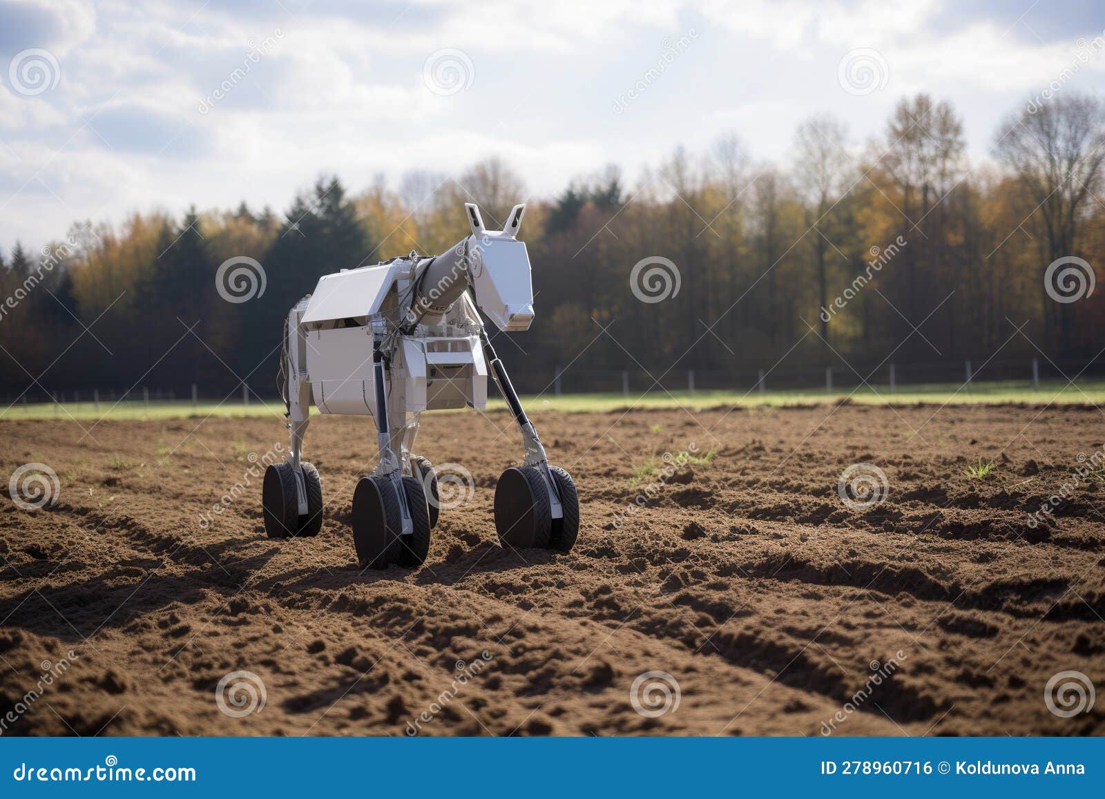 Robot Horse Pulls a Plow Across the Field, Concept of Mechanical Work ...