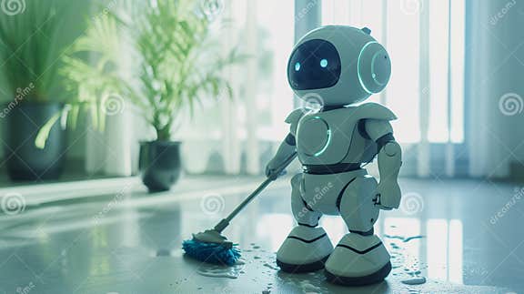 Robot Housekeeper Doing Cleaning Kitchen. Collaboration between Humans ...