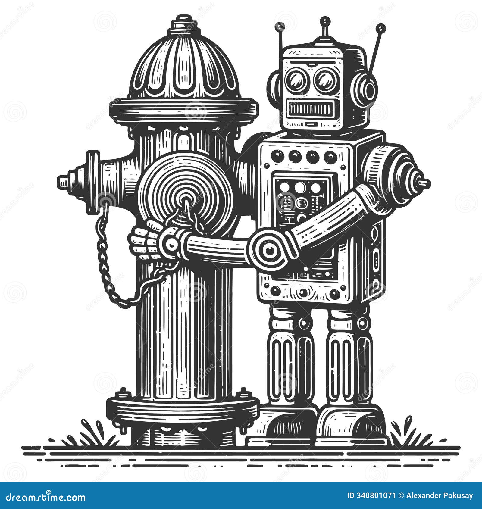 Robot Hugging Fire Hydrant Engraving Sketch Vector Stock Illustration ...