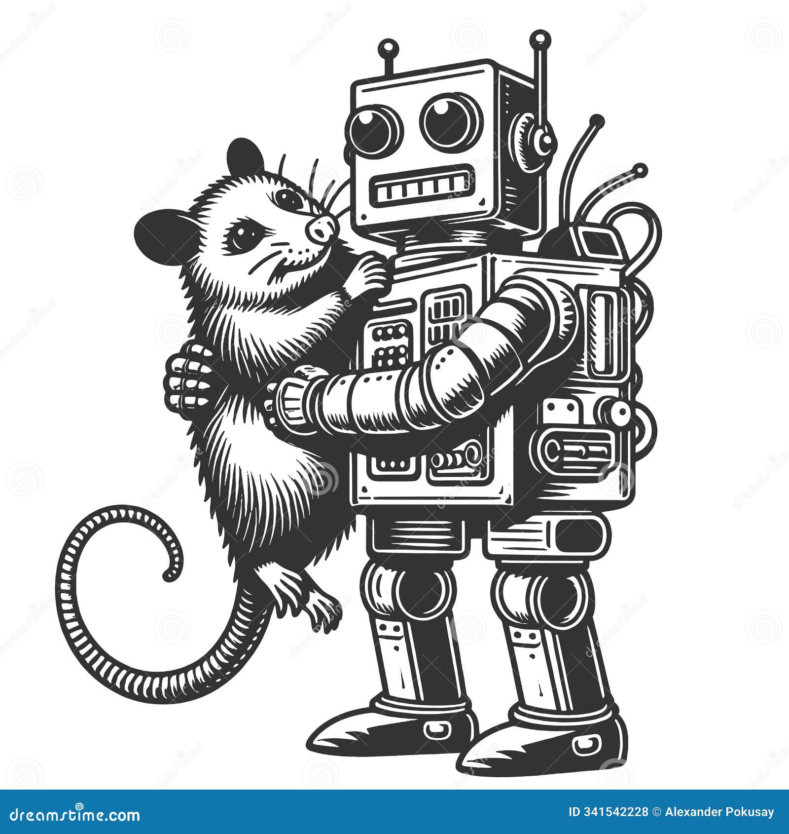 Possum Hugging Robot Engraving Vector Illustration | CartoonDealer.com ...