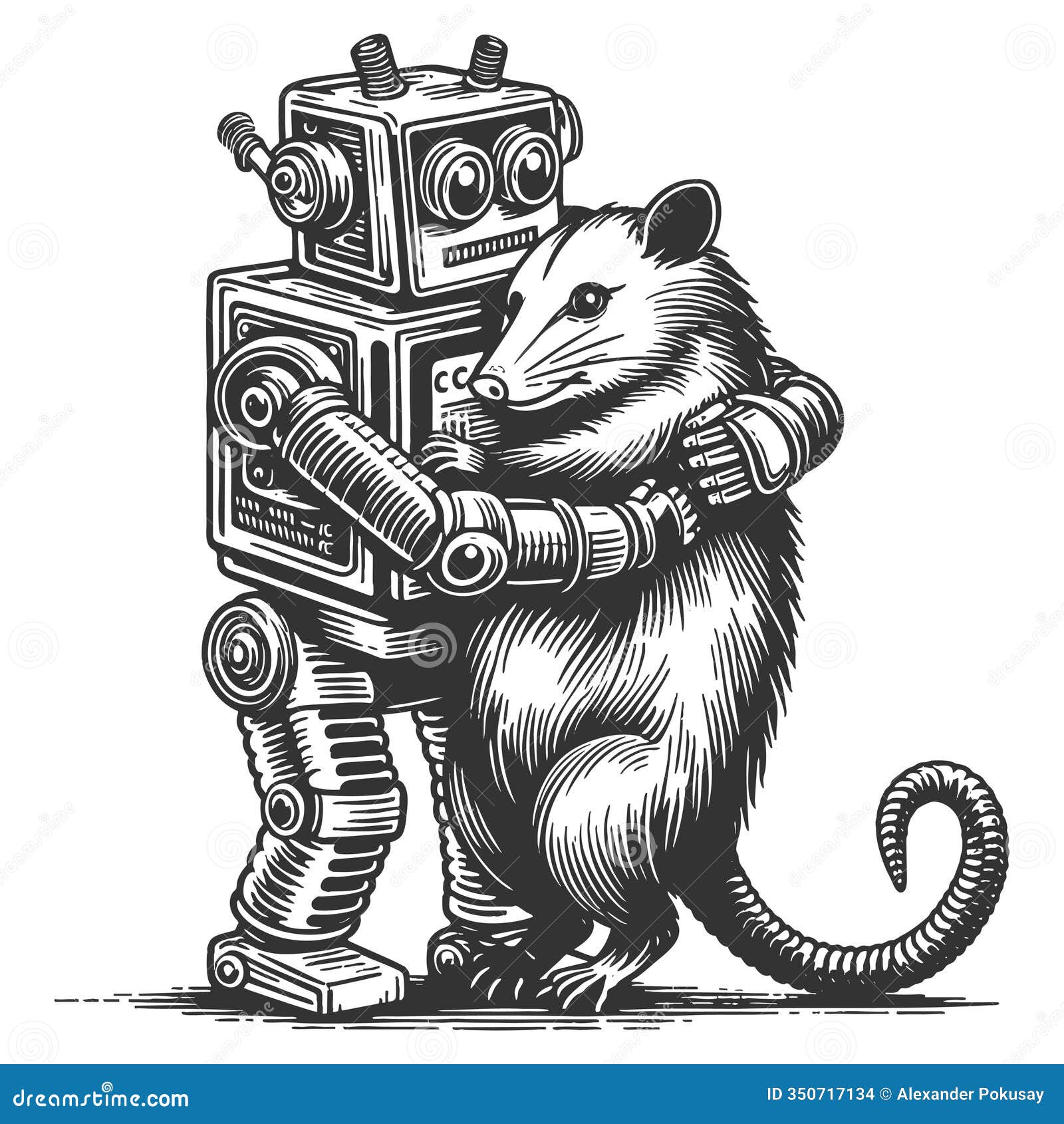 Robot Hugging Possum Engraving Vector Illustration Stock Illustration ...