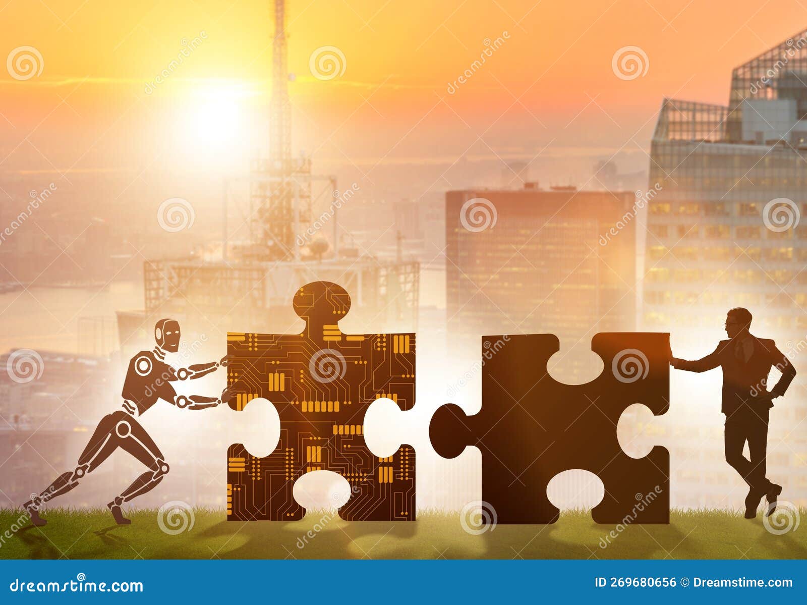 Robot and Human Cooperating in Jigsaw Puzzle Stock Illustration ...